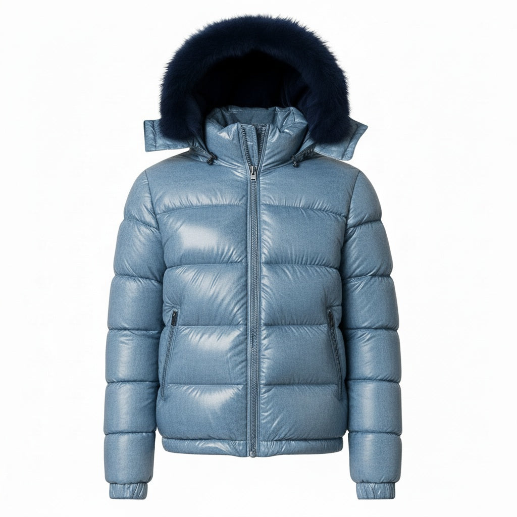 Wholesale Adult Shiny Bubble Jacket with Fur Hood in Denim| 12 Pack ...