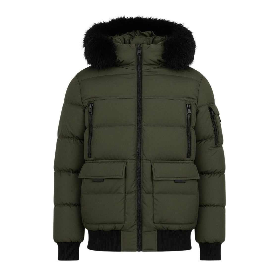 Wholesale Adult Olive Bomber Puffer Jacket w/ Fur Hood | Sold in Bulk ...