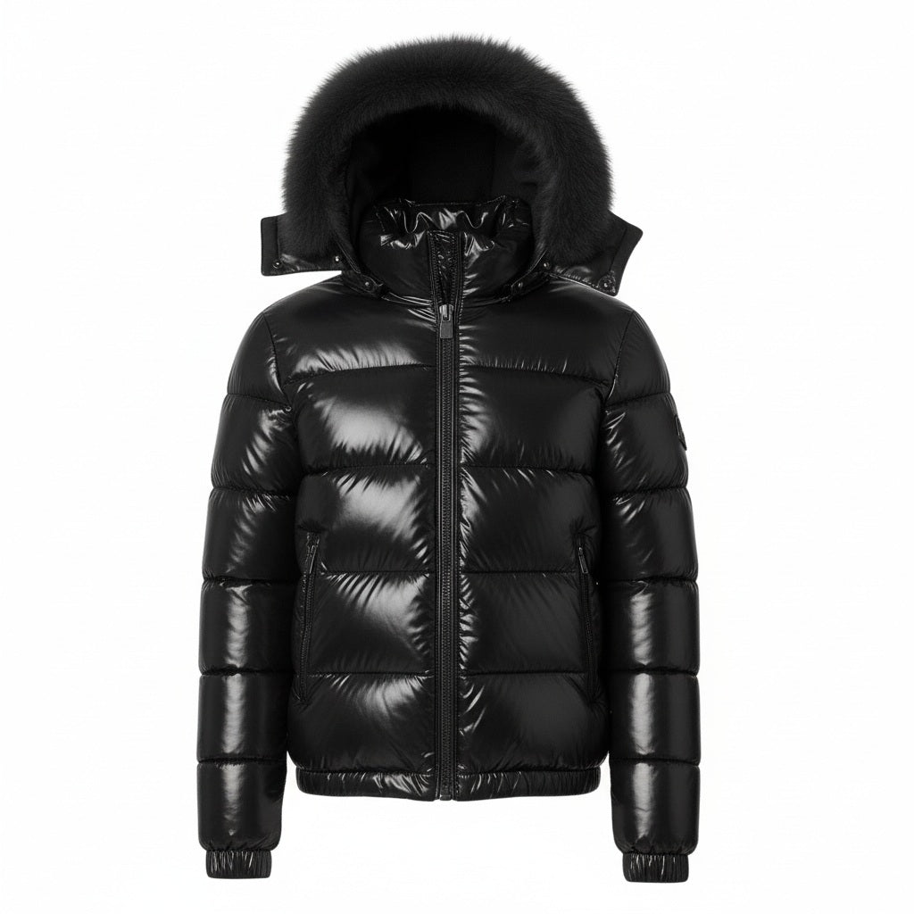 Wholesale Adult Shiny Bubble Jacket with Fur Hood Black | Bulk Packs of ...